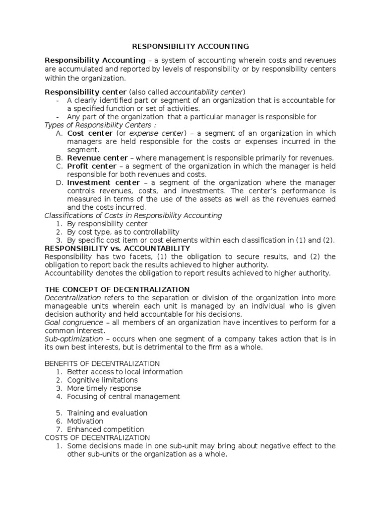 Responsibility Accounting Responsibility Accounting - A System of ...