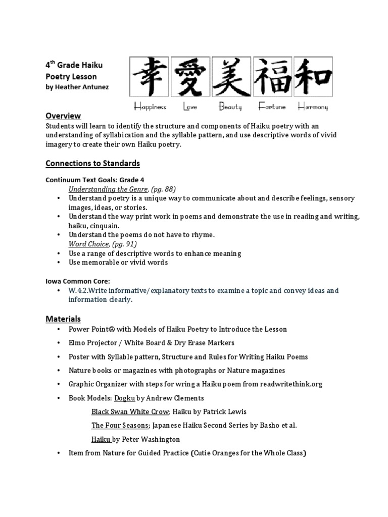 4th Grade Haiku Poetry Lesson | PDF | Haiku | Syllable