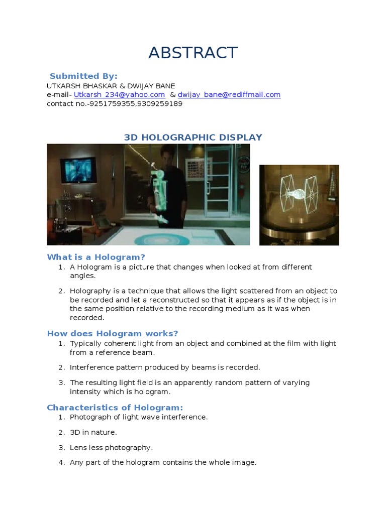 3D Holographic Display: Submitted by | PDF | Holography | Optics