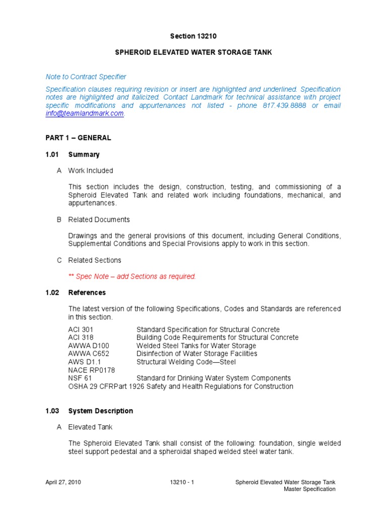 Section 13210 Spheroid Elevated Water Storage Tank: Spec Note - Add ...