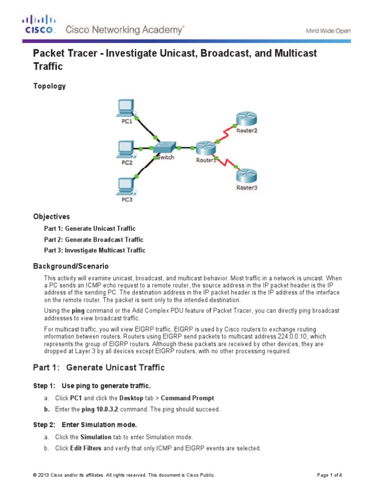 8.1.3.8 Packet Tracer - Investigate Unicast, Broadcast, and Multicast Traffic Instructions ...