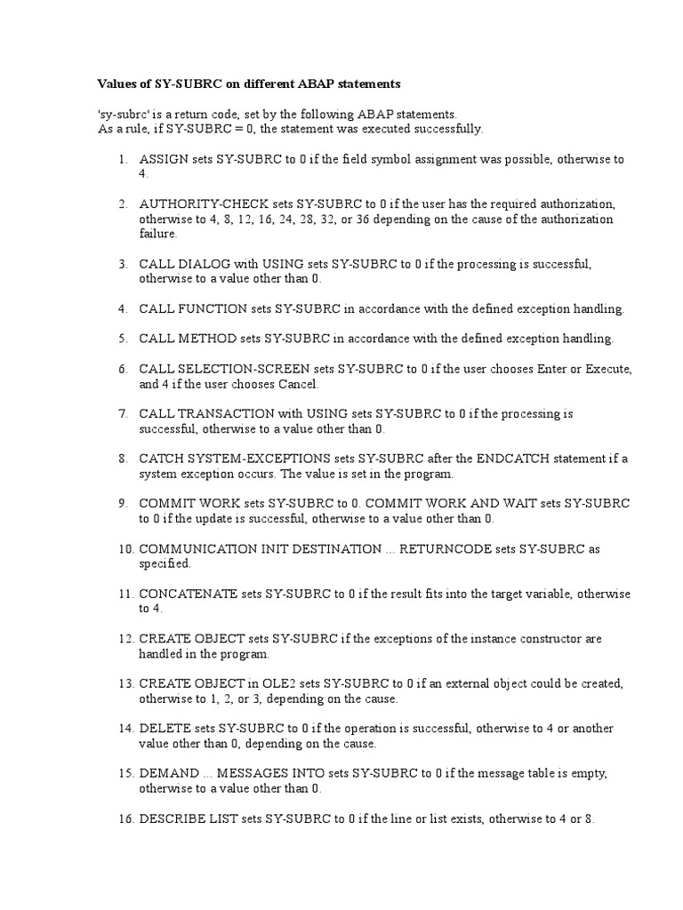 Values of Sy-Subrc After ABAP Statements | PDF | Computer Programming ... Values of Sy-Subrc After ABAP Statements | PDF | Computer Programming ...