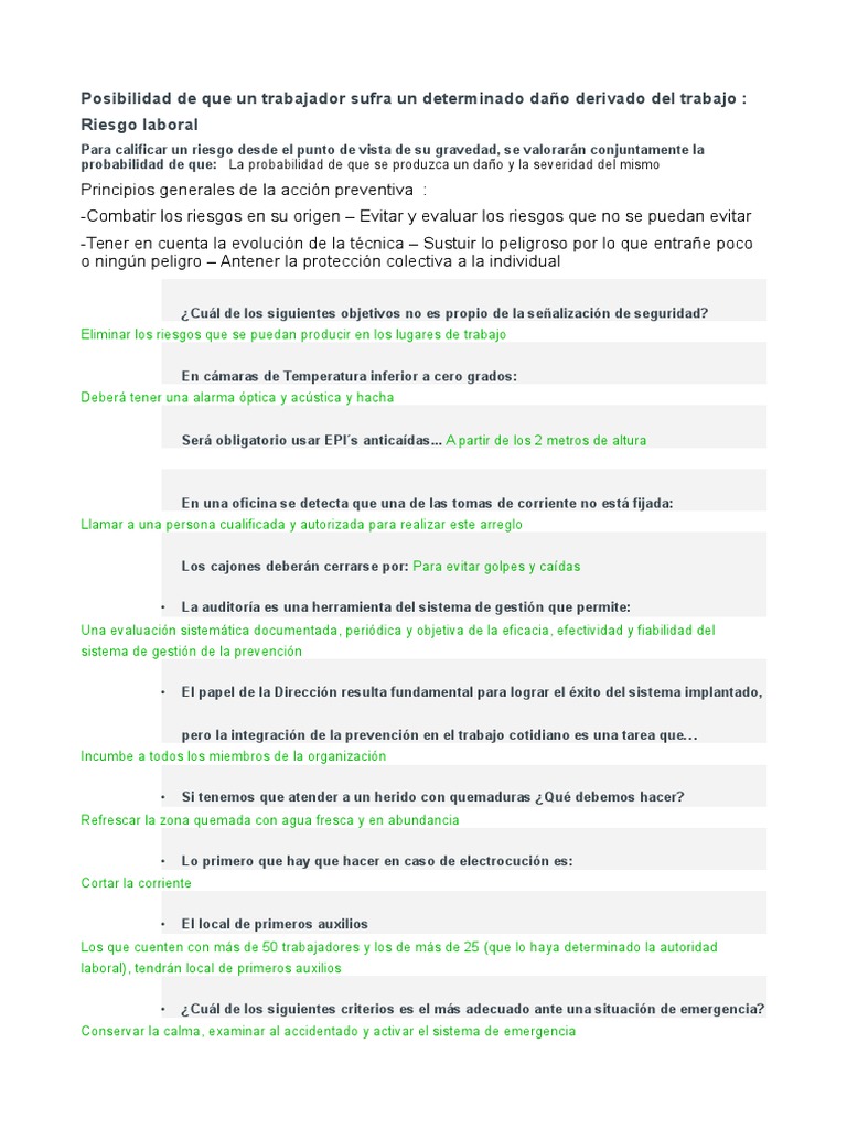 Examen Fol Certificado Riesgos Laborales | PDF | Primeros auxilios | Riesgo