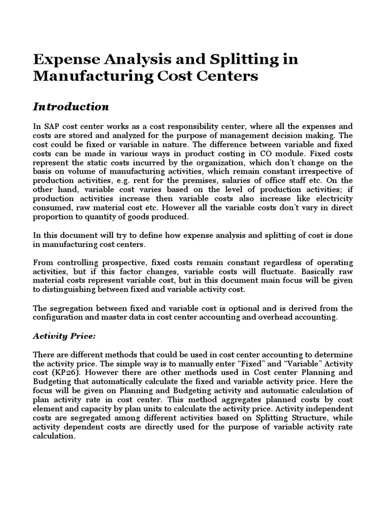 Expense Analysis and Splitting in Manufacturing Cost Centers | PDF ...