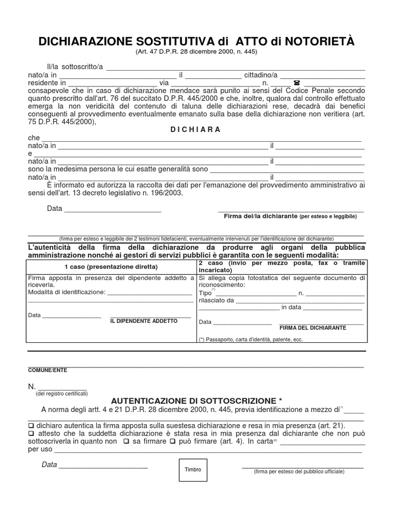 Dichiarazione Sostitutiva Atto Notorietà | PDF