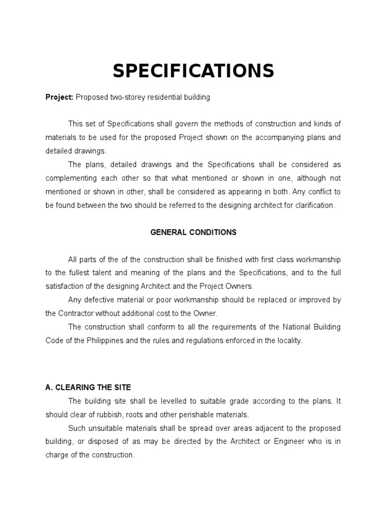 Specifications: Project: Proposed Two-Storey Residential Building | PDF ...
