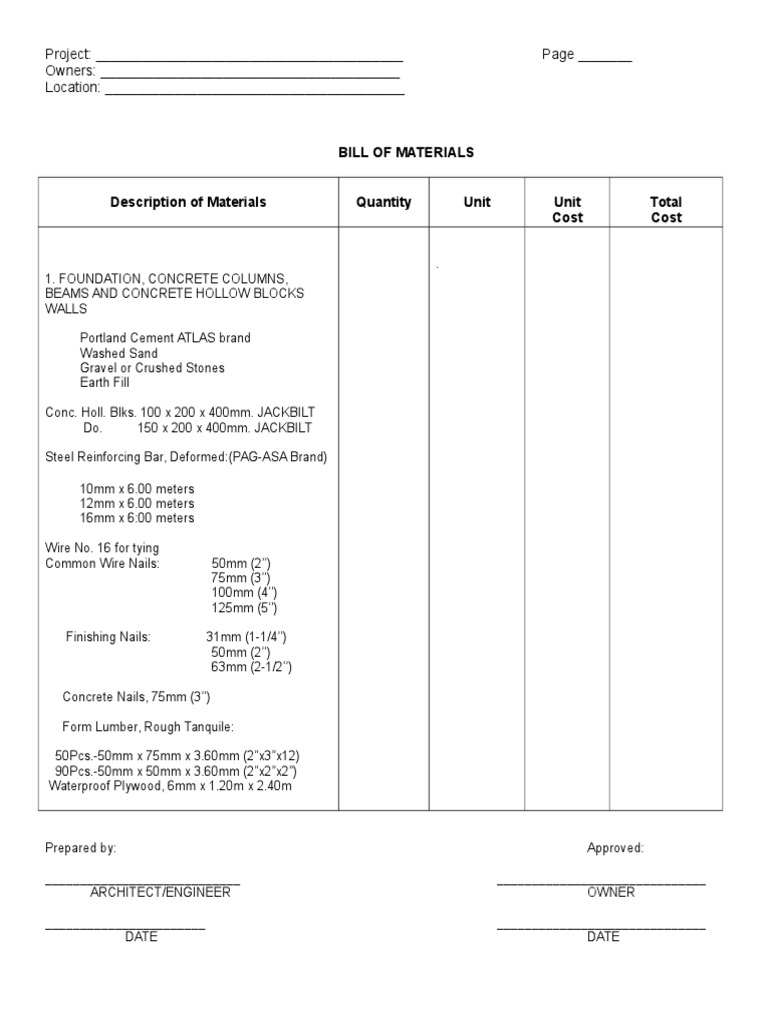 Comprehensive Bill of Materials for Construction | PDF | Truss ...
