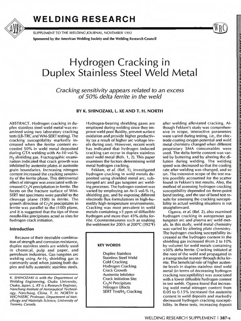 Hydrogen Cracking in Duplex Stainless Steel Weld Metal | PDF | Welding ...