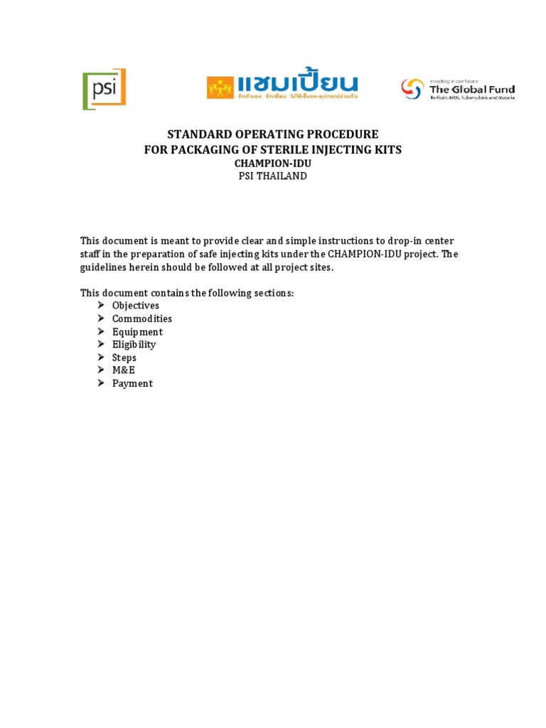 Standard Operating Procedure For Packing of Safe Injecting Kits | PDF ...