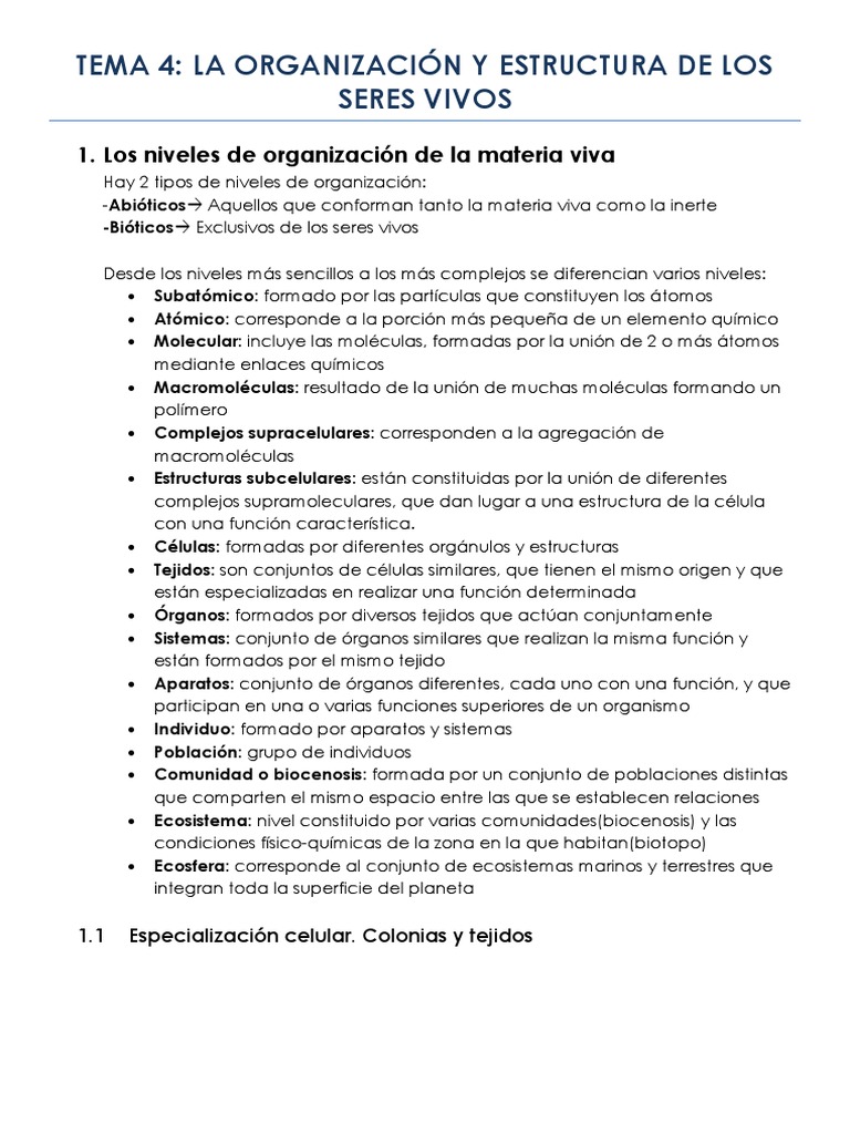 Organizacion y Estructura de Los Seres Vivos.1 BACH | PDF | Organismos ...
