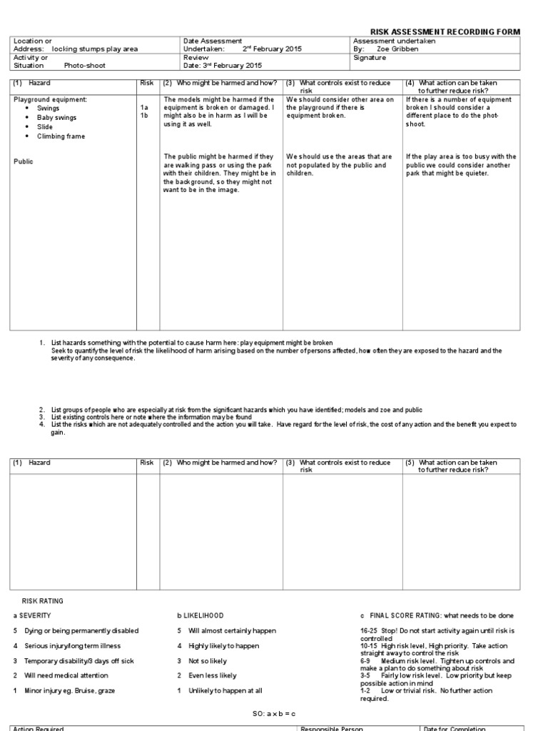 Risk Assessment Recording Form | Playground | Risk