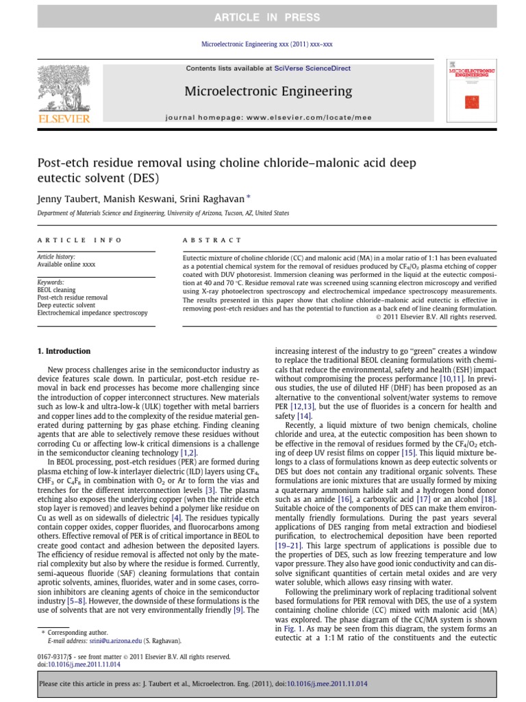 Post-Etch Residue Removal Using Choline Chloride-Malonic Acid Deep ...
