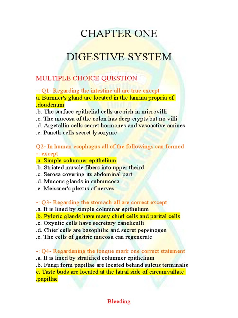 Chapter One Digestive System: Multiple Choice Question | PDF | Stomach ...