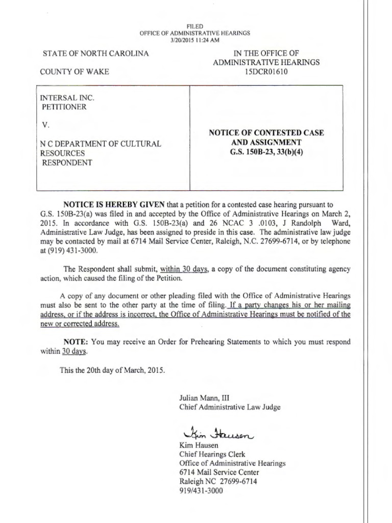 NCDCR Notice of Contested Case and Assignment, Prehearing Notice ...