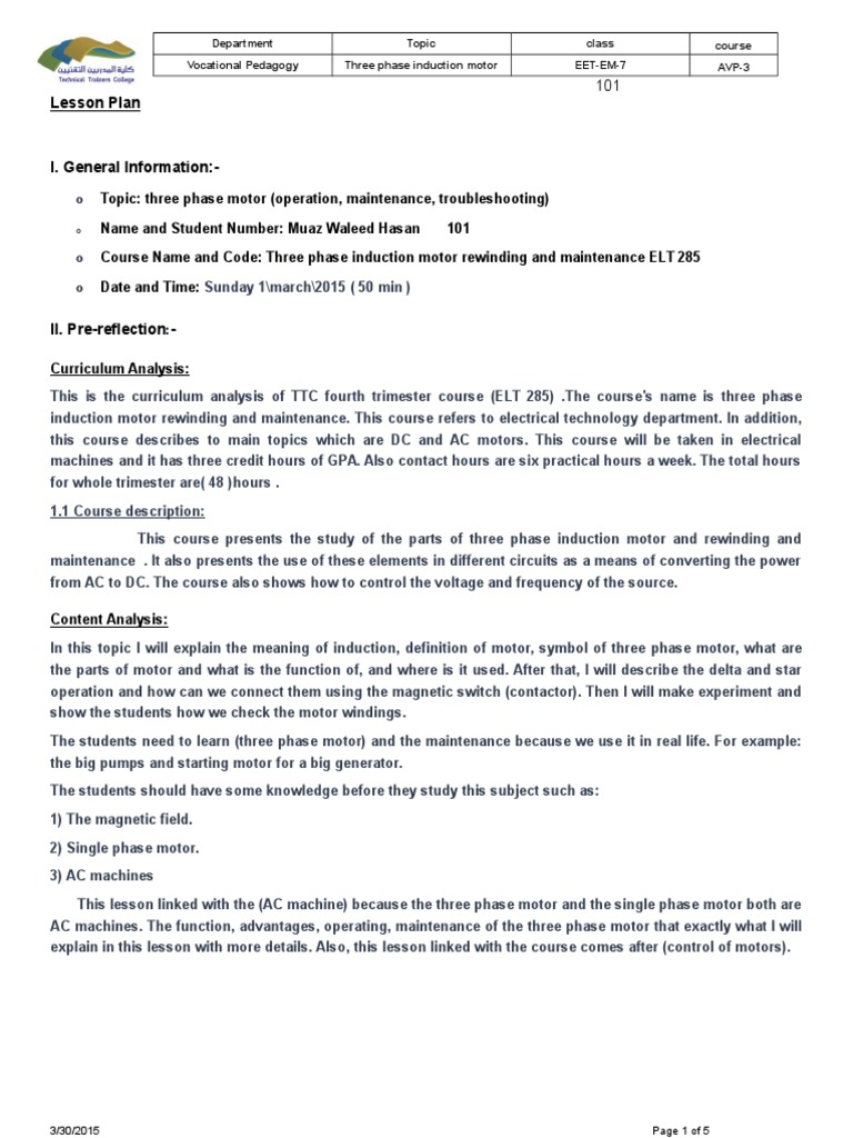 Lesson Plan: Department Topic Class Course Vocational Pedagogy Three Phase Induction Motor EET ...