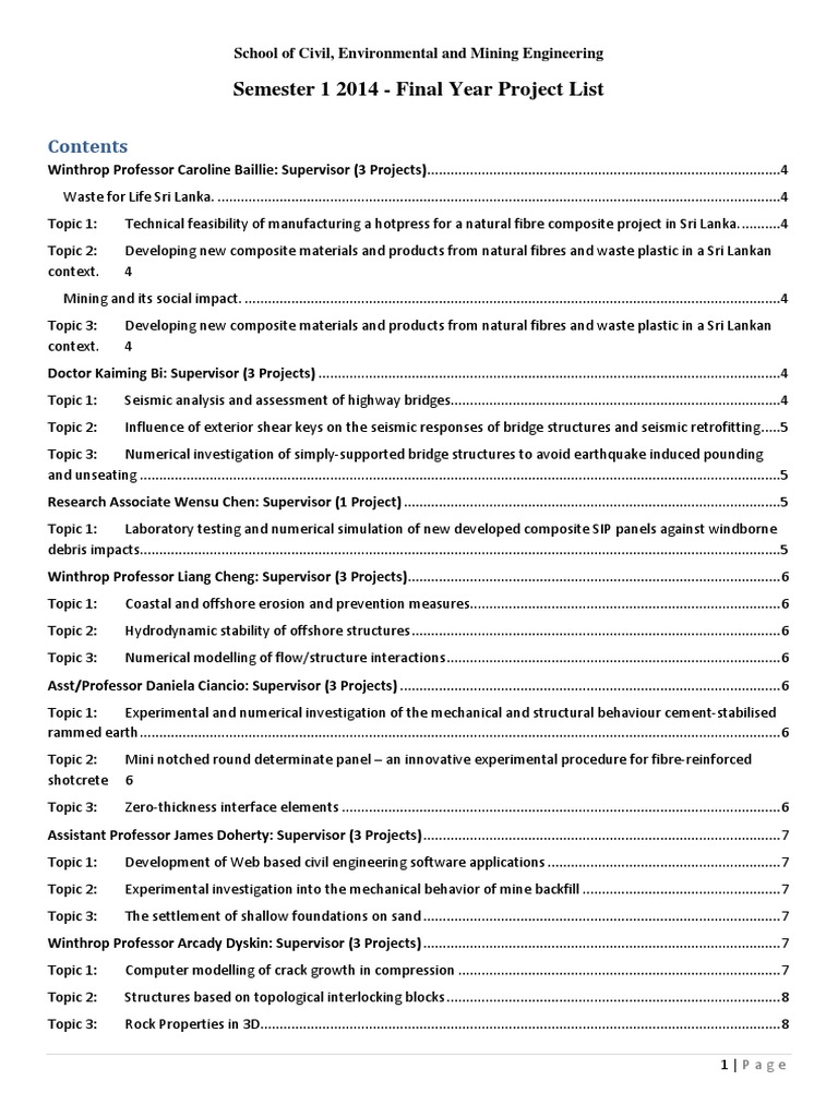 SCEME Sem 1 2014 Project List | PDF | Fracture | Geotechnical Engineering