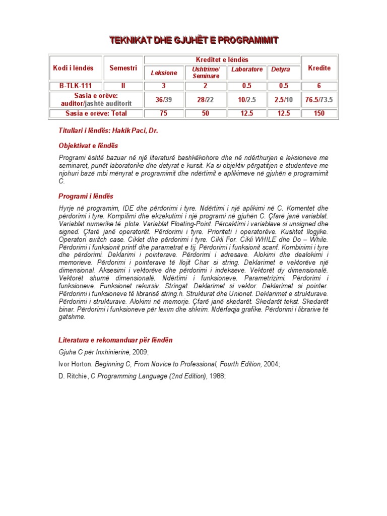 Teknikat Dhe Gjuhet e Programimit | PDF