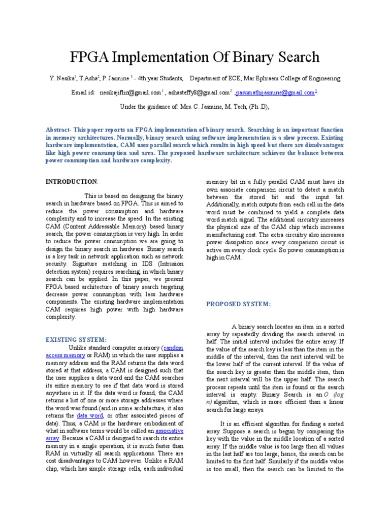 Fpga Implementation Of Binary Search 1 Pdf Field Programmable Gate Array Computer Data Storage