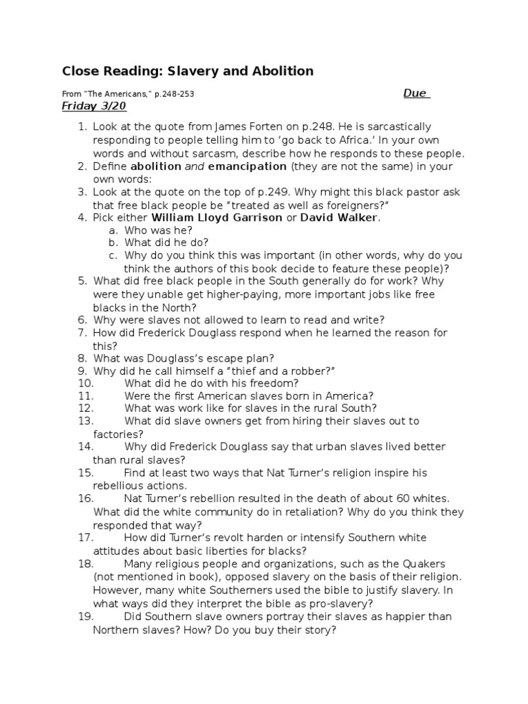 Slavery and Abolition Close Reading Guide | PDF