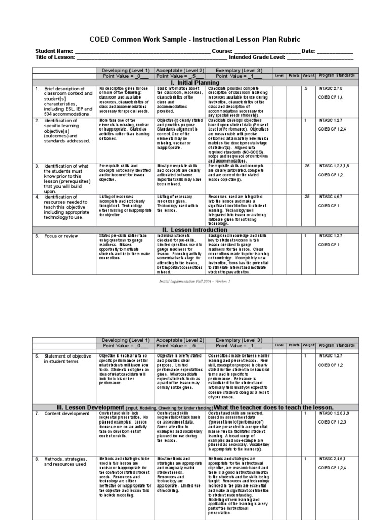 Work Sample - Instructional Lesson Plan Rubric April 2012 | PDF ...