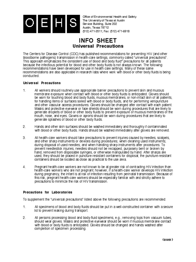 Info Sheet: Universal Precautions | PDF | Public Health | Medical ...