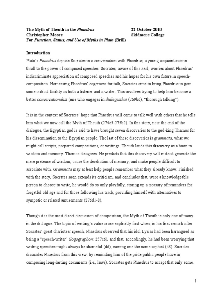 The Myth of Theuth in Plato's Phaedrus | PDF | Socrates | Memory