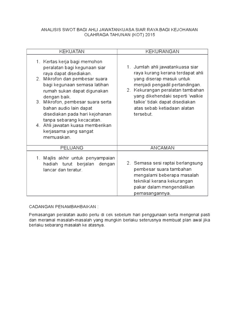 Analisis Swot Bagi Ahli Jawatankuasa Siar Raya Bagi Kejohanan Olahraga ...