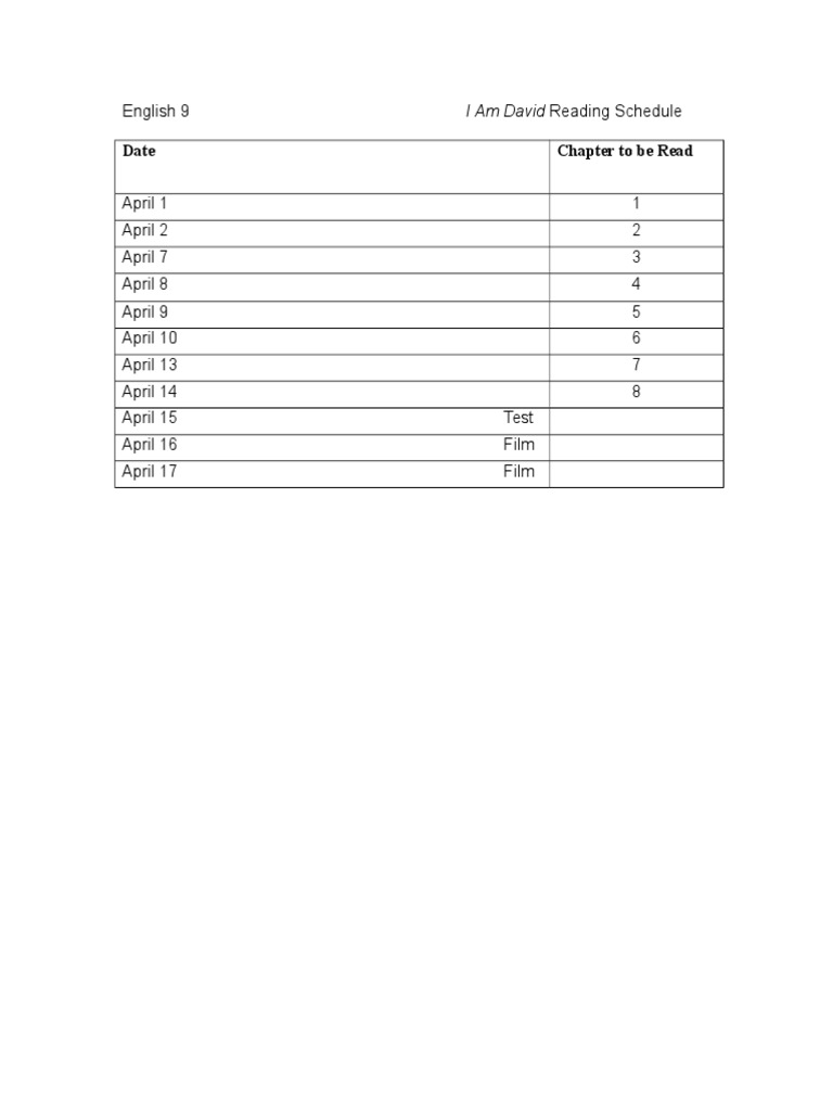 01 I Am David Unit English 9 Reading Schedule Handout | PDF