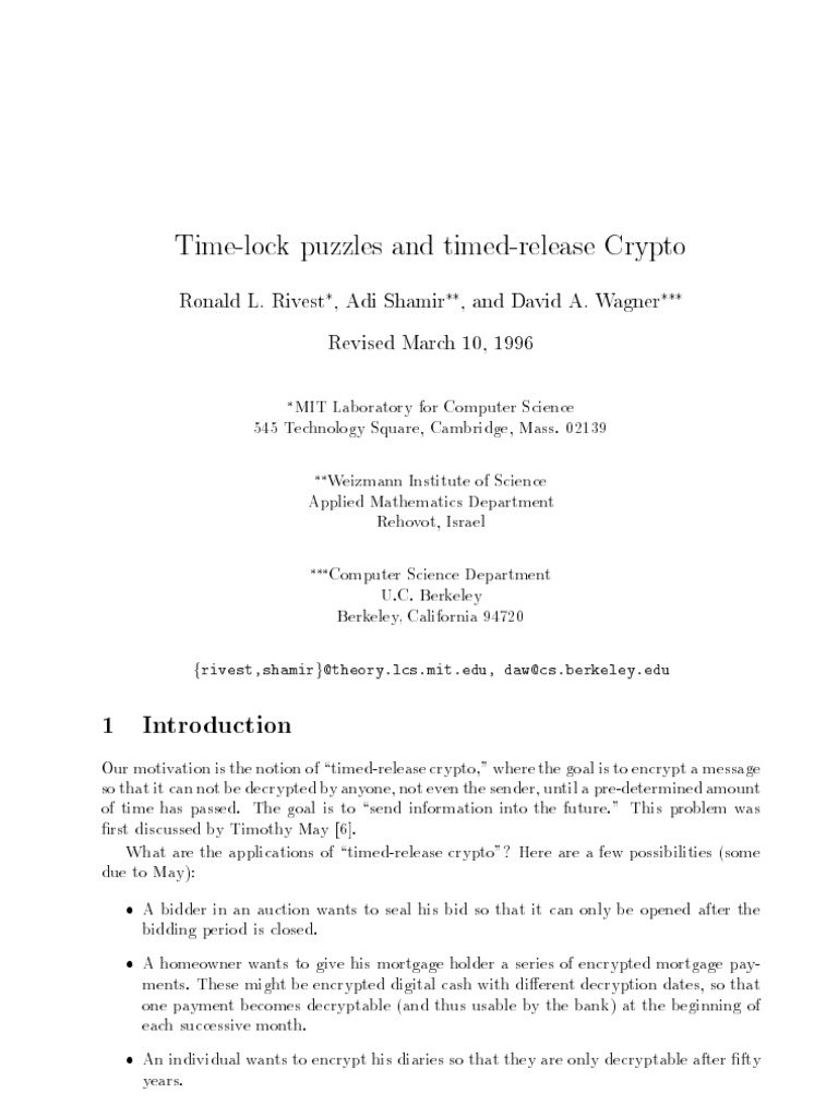 Time-Lock Puzzles and Timed-Release Crypto: Ronald L. Rivest, Adi ...