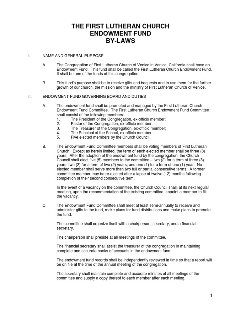 First Lutheran Church Endowment Fund Bylaws | PDF | Securities (Finance ...