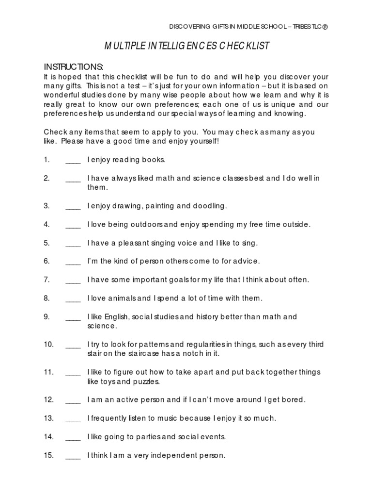 Multiple Intelligences Checklist | PDF | Science | Entertainment (General)
