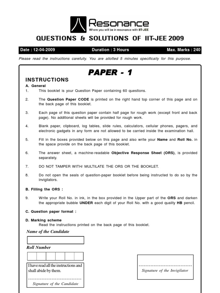 IIT JEE 2009 Paper-1 Questions and Solutions | PDF | Ion | Matrix ...