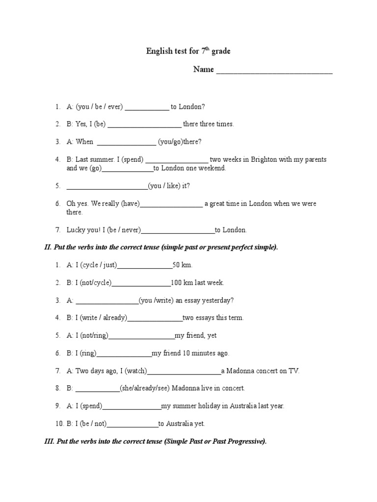 7th Grade English Test: Verb Tenses | PDF