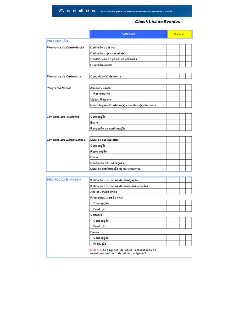 Check List de Eventos
