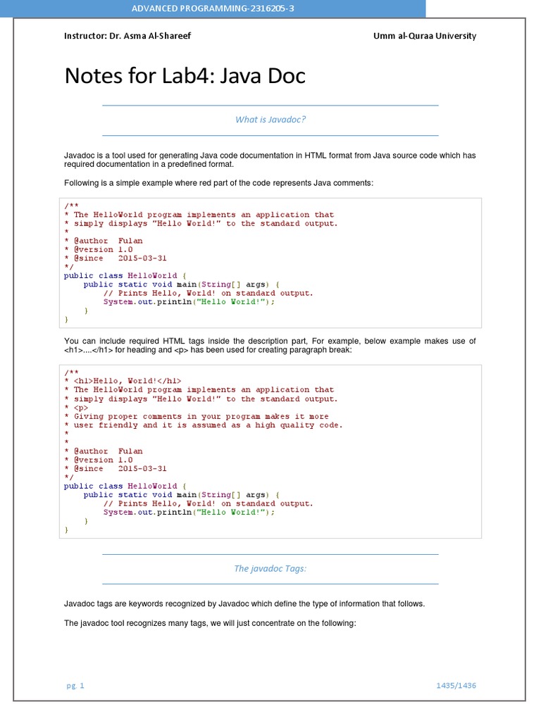 Notes For Lab4: Java Doc: Instructor: Dr. Asma Al-Shareef Umm Al-Quraa ...