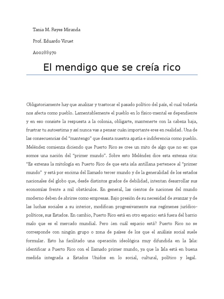 El Mendigo Que Se Creía Rico | PDF | Puerto Rico | Tercer Mundo