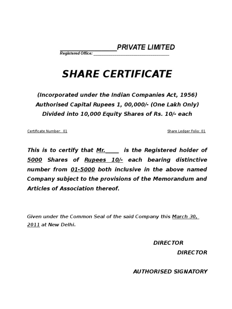 Sample Share Certificate Template