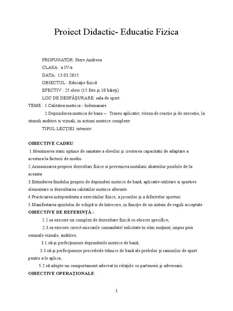 Proiect Didactic Educatie Fizica