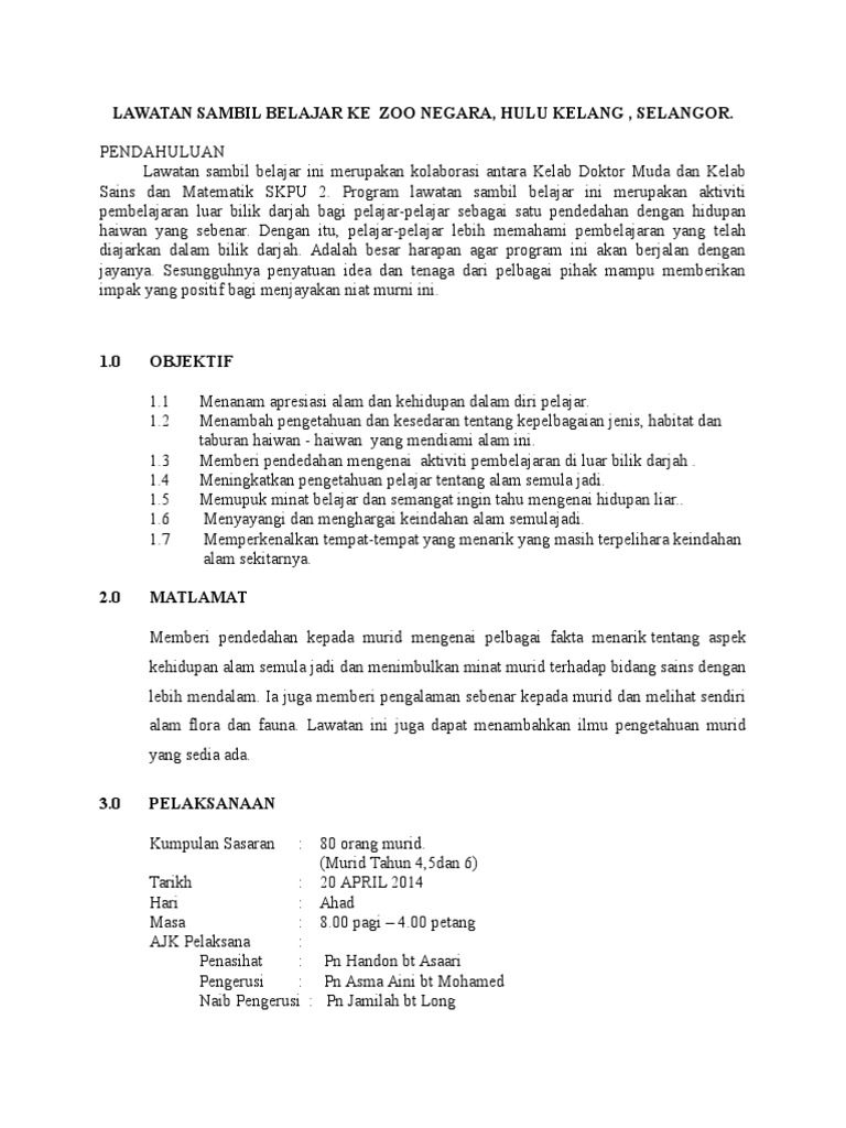 Kertas Kerja Lawatan Sambil Belajar Ke Zoo Negara | PDF
