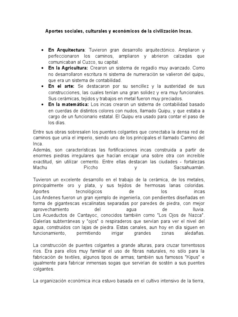 Aportes de Los Incas | PDF | Imperio Inca | Riego