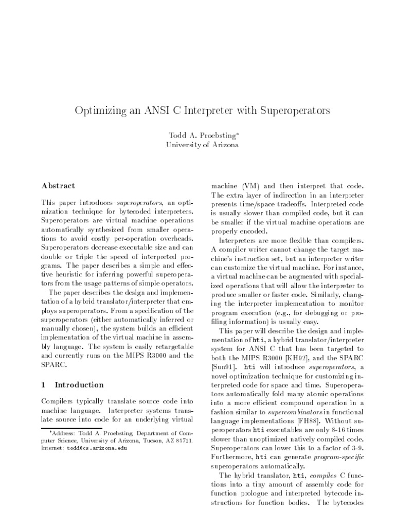 Optimizing An ANSI C Interpreter With Superoperators | PDF | Compiler | C (Programming Language)