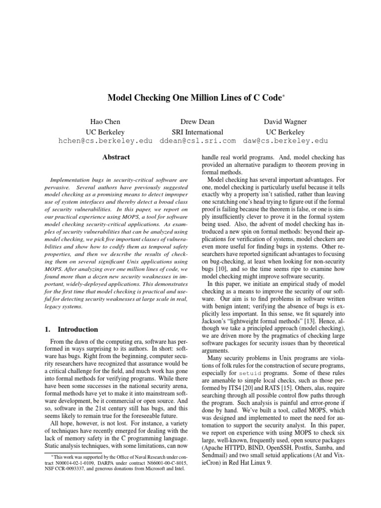 Model Checking One Million Lines of C Code: Hao Chen Drew Dean David ...