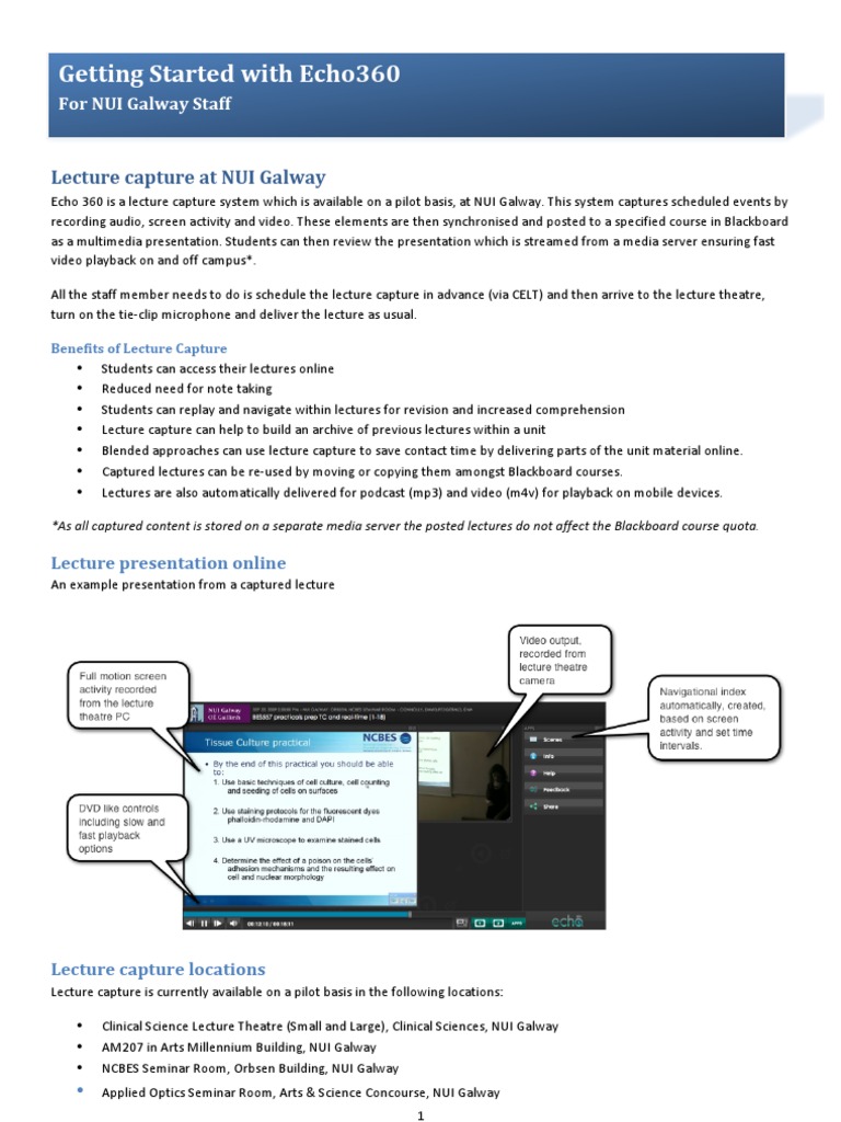 Getting Started With Echo360: Lecture Capture at NUI Galway | PDF | Lecture | Streaming Media