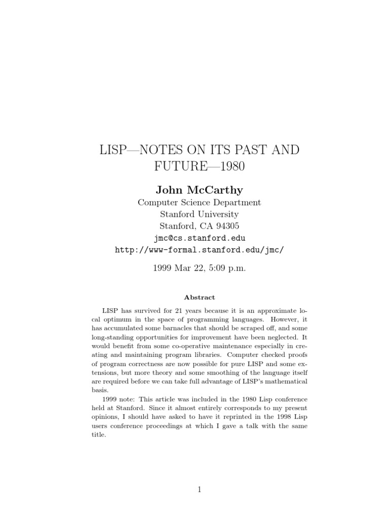 Lisp-Notes On Its Past and Future-1980: John Mccarthy | PDF ...