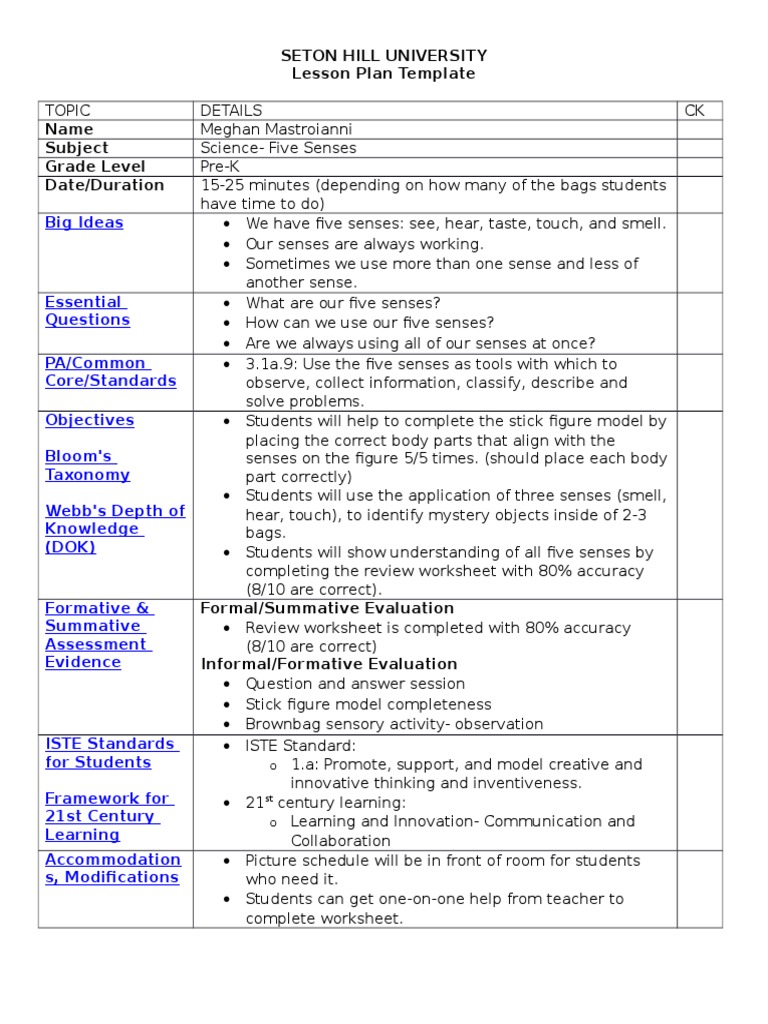 Five Senses Lesson Plan for Pre-K | PDF | Senses | Lesson Plan