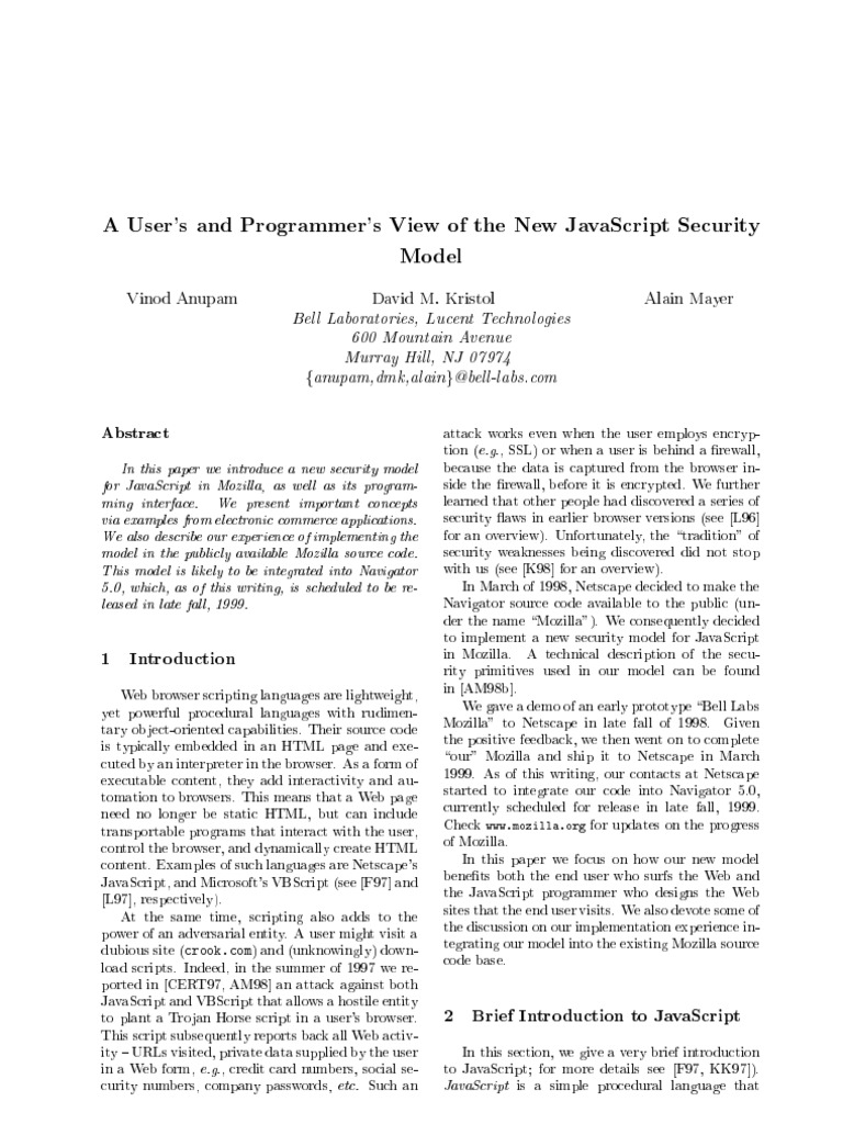 A User'S and Programmer'S View of The New Javascript Security Model ...
