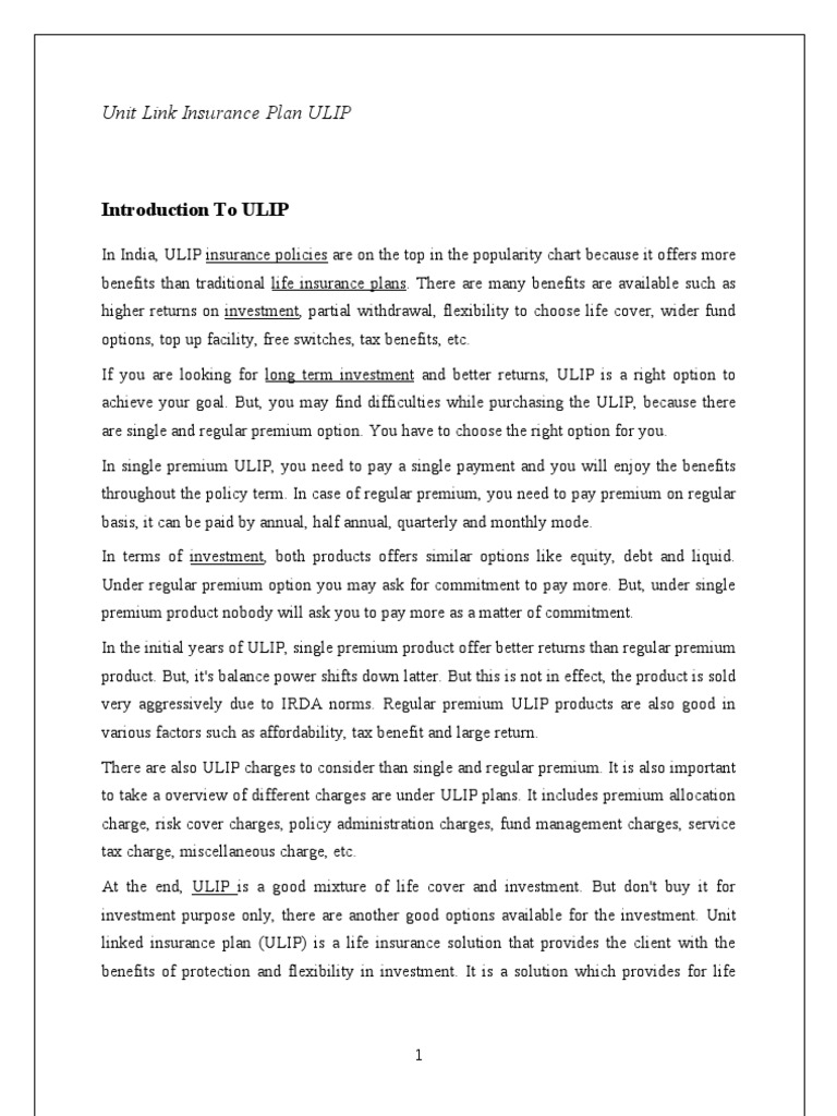 Introduction To ULIP: Unit Link Insurance Plan ULIP | PDF | Insurance ...