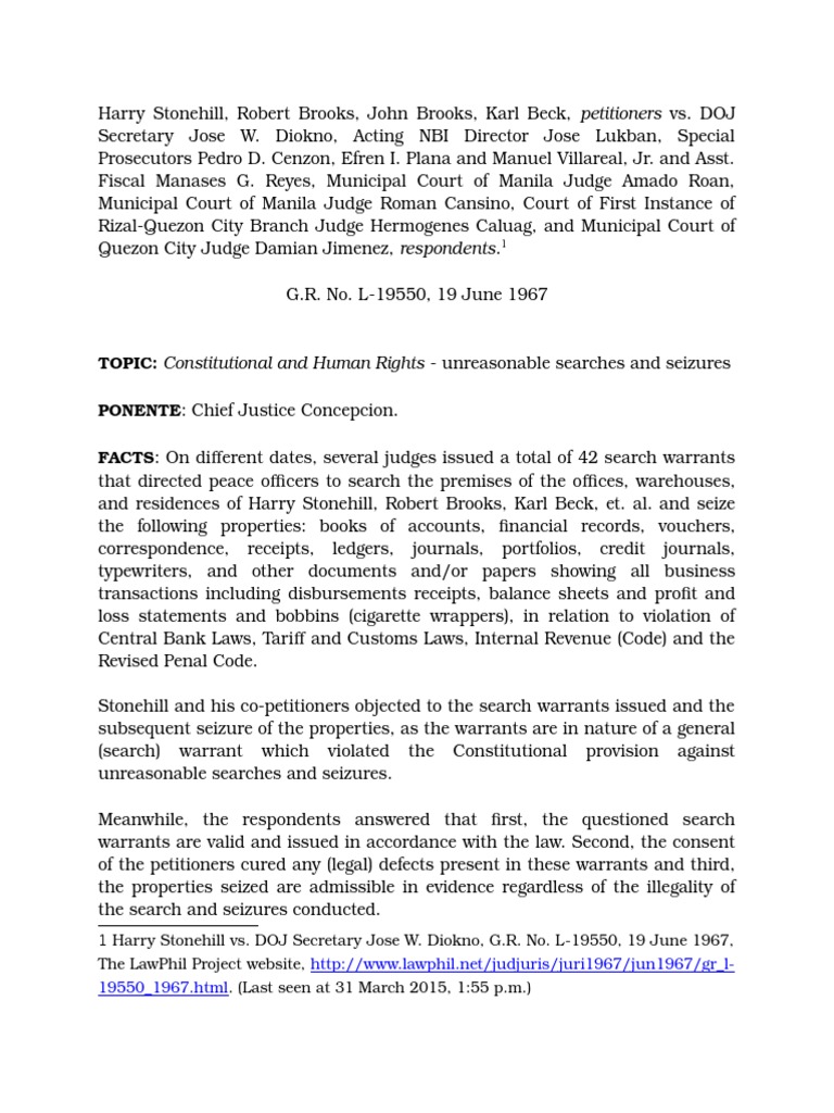 Harry Stonehill vs. DOJ Secretary Jose W. Diokno (1967, 20 SCRA 383 ...