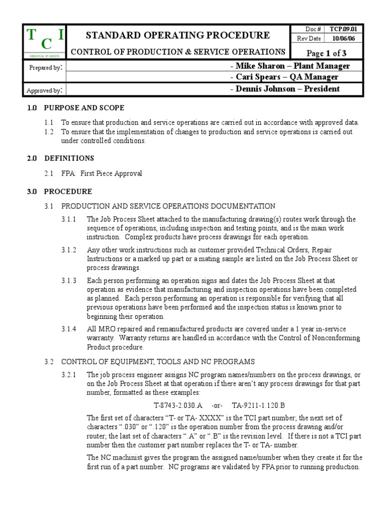 Production & Service Operations SOP | PDF | Machine Tool | Quality ...