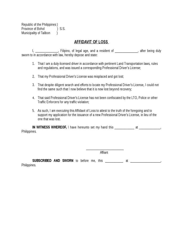 Affidavit for Lost Driver's License | PDF | Finance & Money Management ...